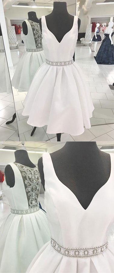 Stylish A-Line V-Neck White Short Homecoming Dress With Beading on Luulla